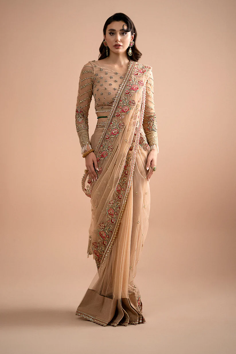 Luxury Work Unstitched Net Wedding Designer Sari with Net Embroidered ...