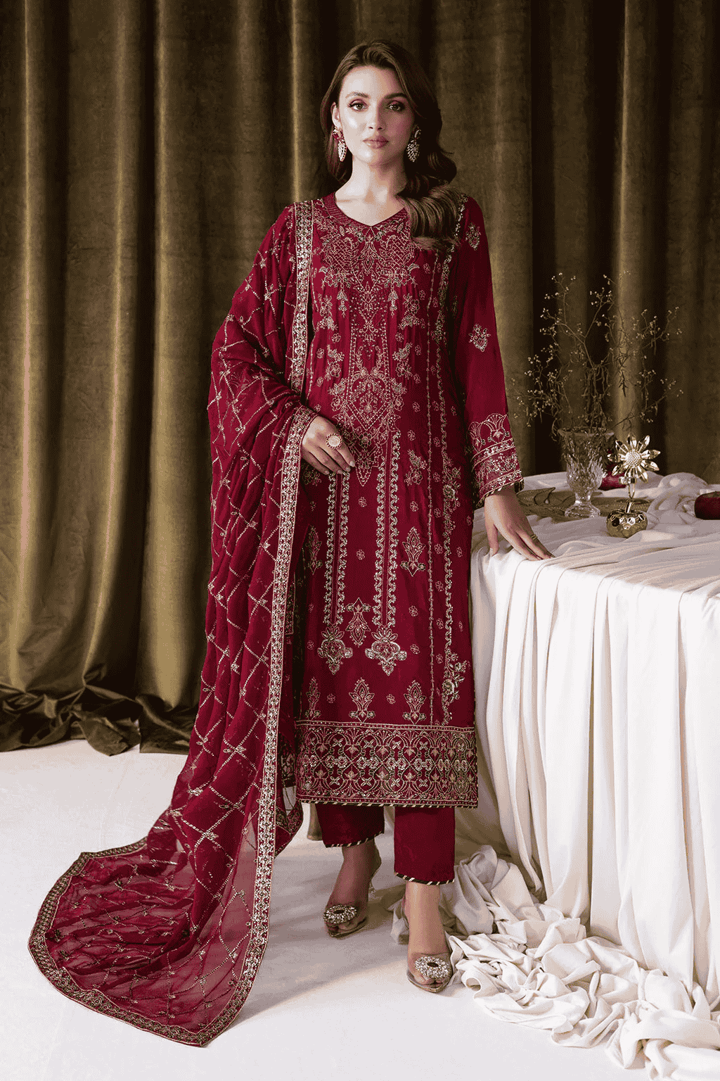 Three piece luxury silk with chiffon dopatta- Maroon - Eastern Clozet